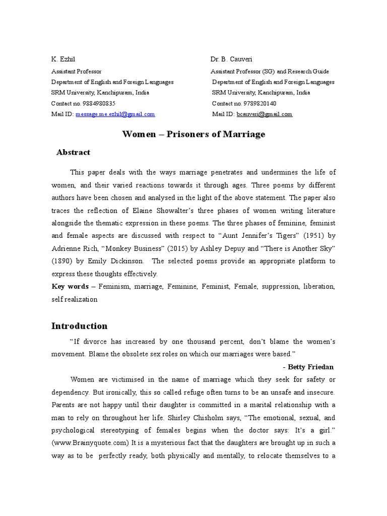 WOMEN AS PRISONERS OF MARRIAGE | PDF | Emily Dickinson | Feminism