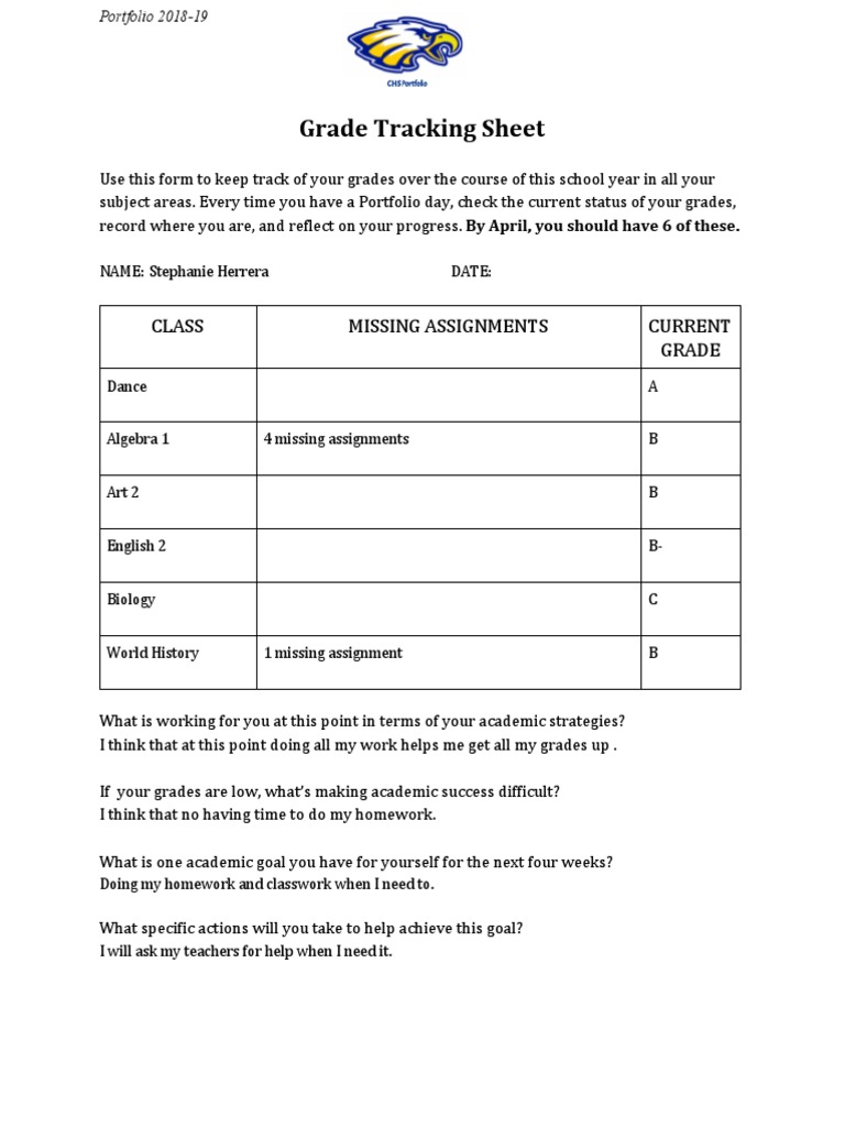 Grade Tracking Sheet: Class Missing Assignments Current Grade | PDF