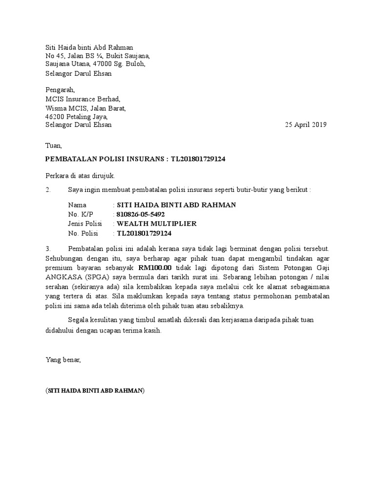Surat Pembatalan Polisi Insurans | PDF