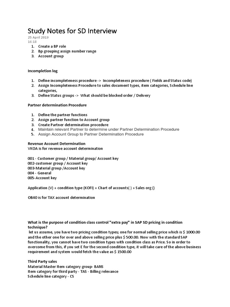 Study Notes For SAP SD | PDF | Invoice | Sales