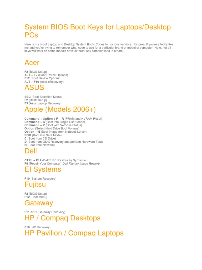 System BIOS Boot Keys For Laptops | PDF
