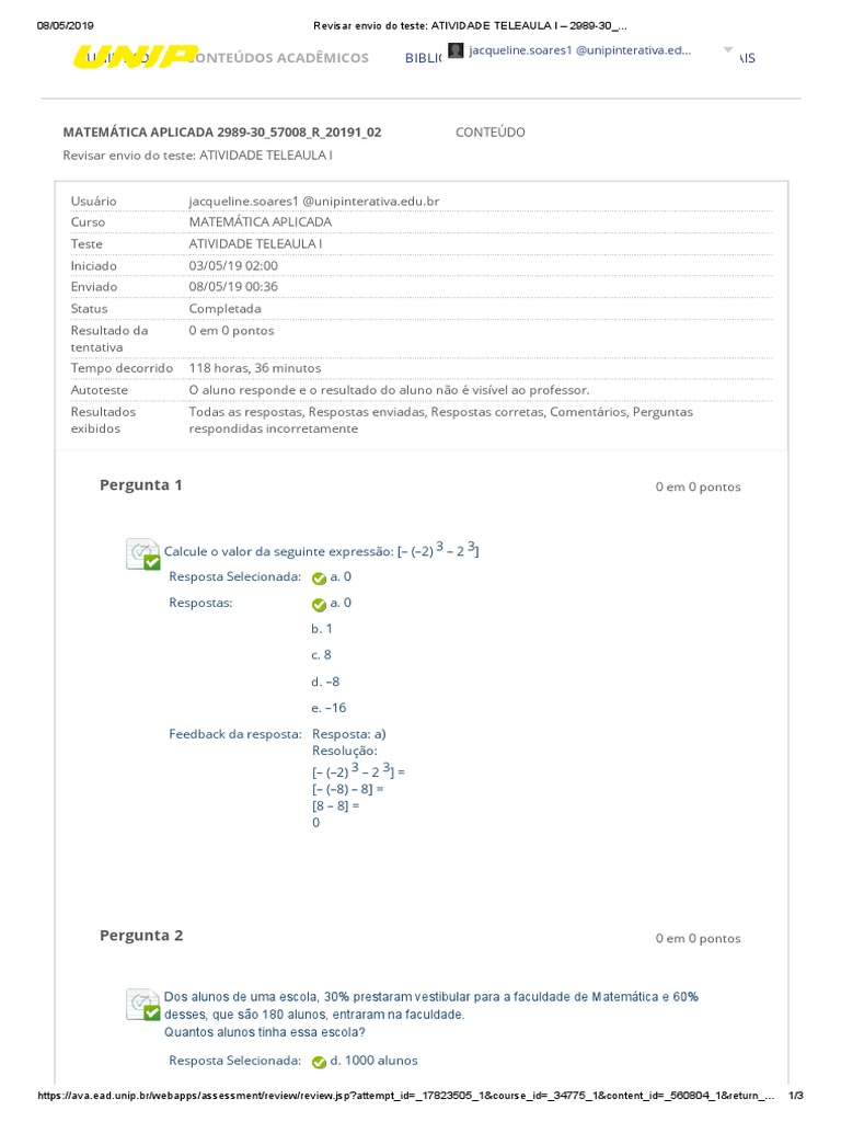Atividade Teleaula I Matematica Aplicada UNIP | PDF | Ensino de ...