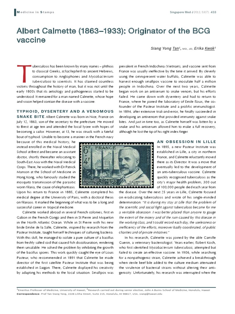 Albert Calmette (1863-1933) : Originator of The BCG Vaccine: T Y Phoid ...