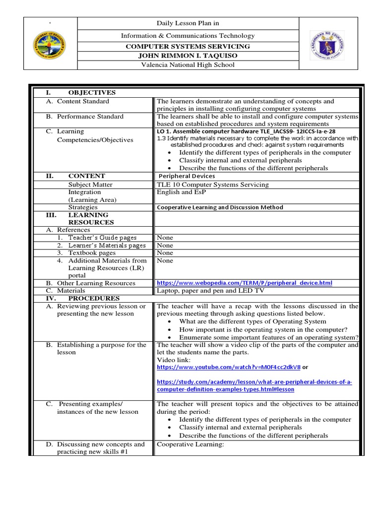 Lesson4 Peripheral Devices Pdf Input Output Lesson Plan