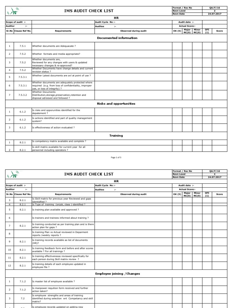 QMS Audit Check-HR R2-Controlled | PDF | Audit | Business