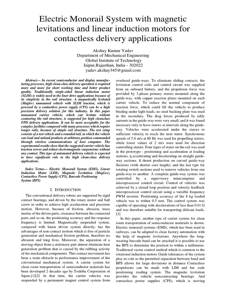 Electric Monorail System with Magnetic Levitation and Linear Induction ...