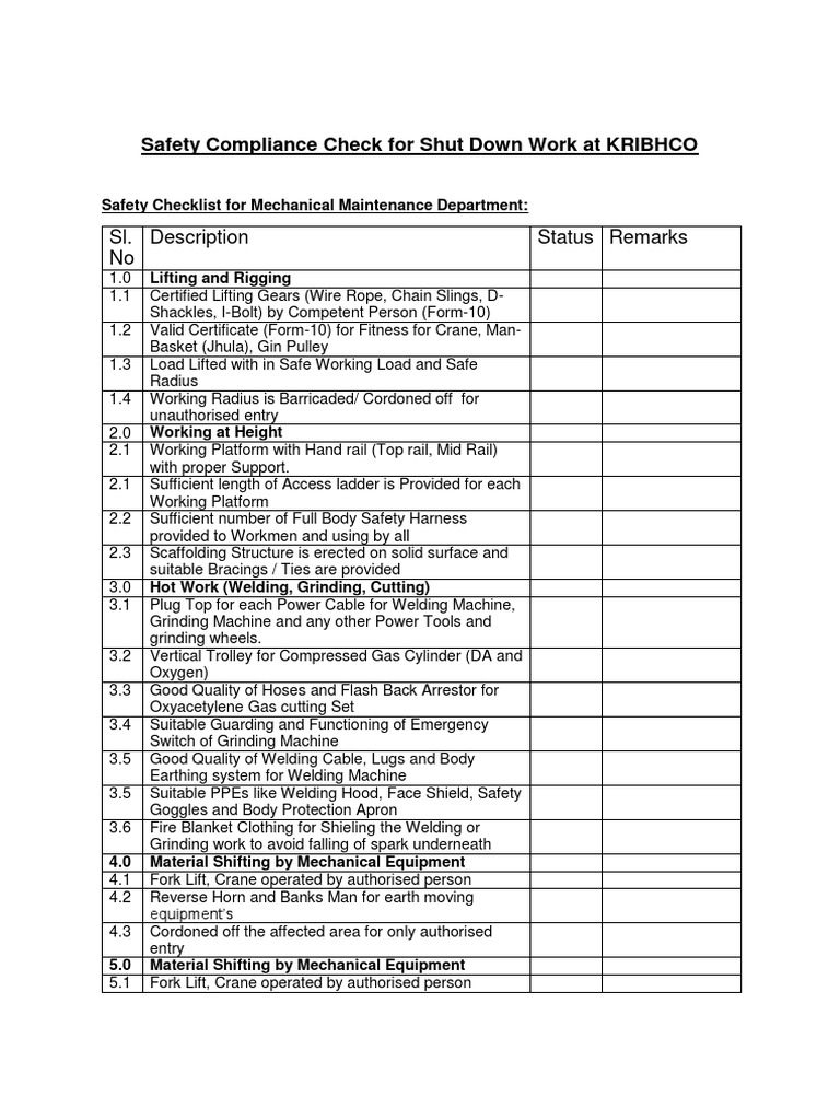 Checklist For Shutdown | PDF | Scaffolding | Crane (Machine)