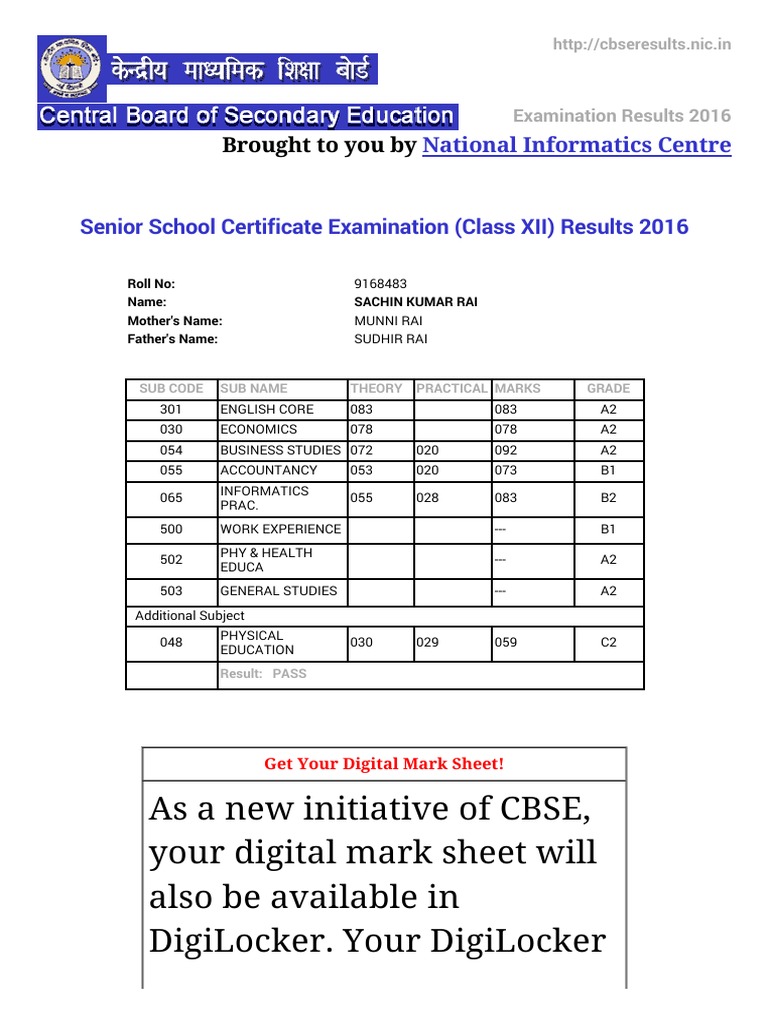 As A New Initiative of Cbse, Your Digital Mark Sheet Will Also Be ...