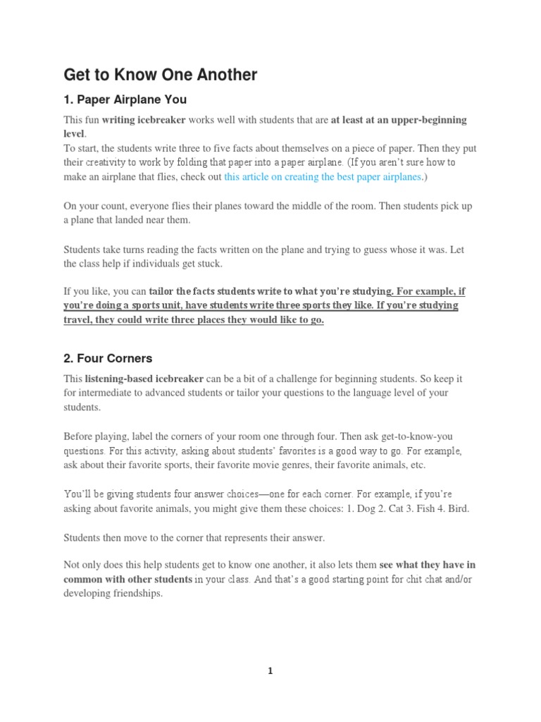 Get To Know One Another: 1. Paper Airplane You | PDF | Classroom