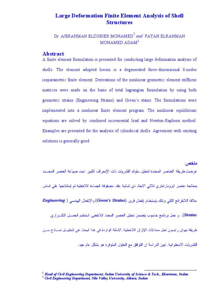 Large Deformation Finite Element Analysis of Shell Structures | Download Free PDF | Deformation ...