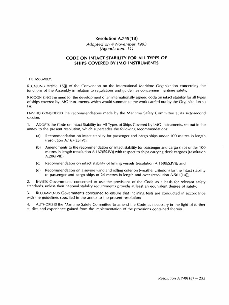 IMO A 749 18 Code On Intact Stability PDF | PDF | Ships | Hull (Watercraft)