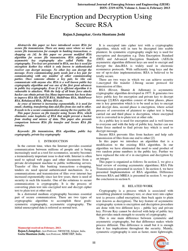 File Encryption and Decryption Using Secure RSA: Rajan.S.Jamgekar, Geeta Shantanu Joshi | PDF ...