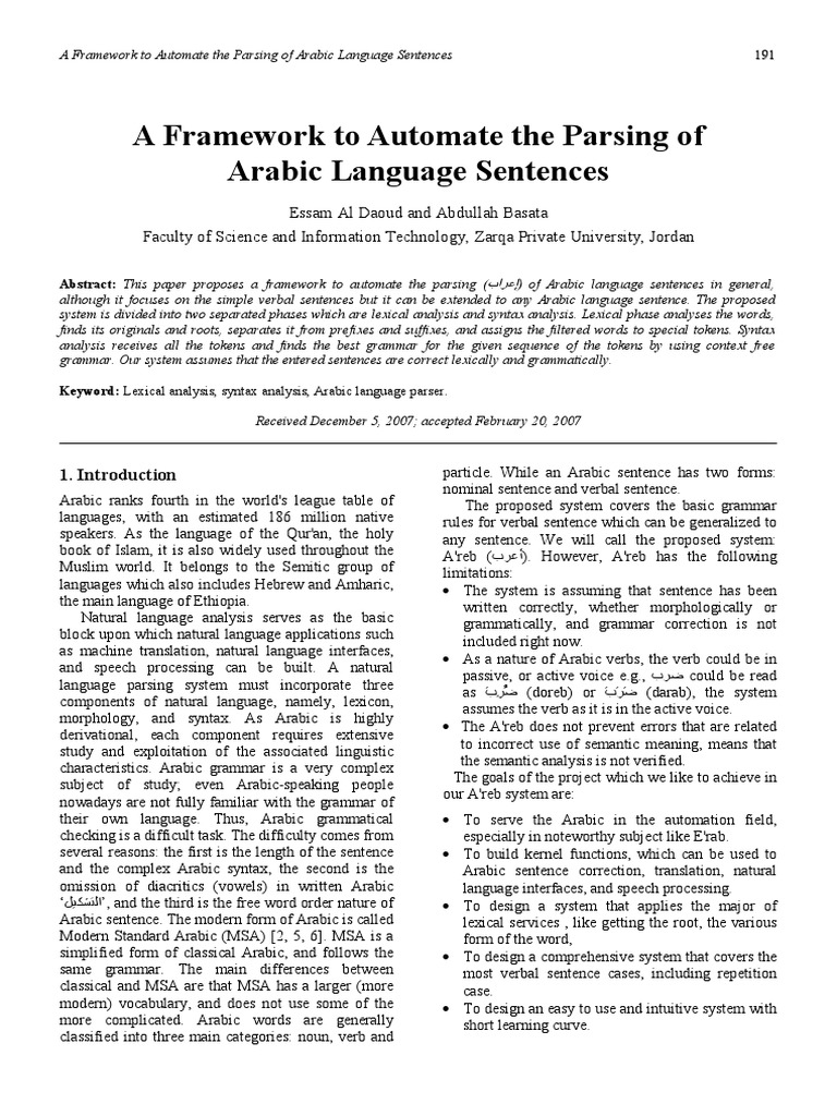 Arabic Sentence Parsing Framework | PDF | Parsing | Lexicon