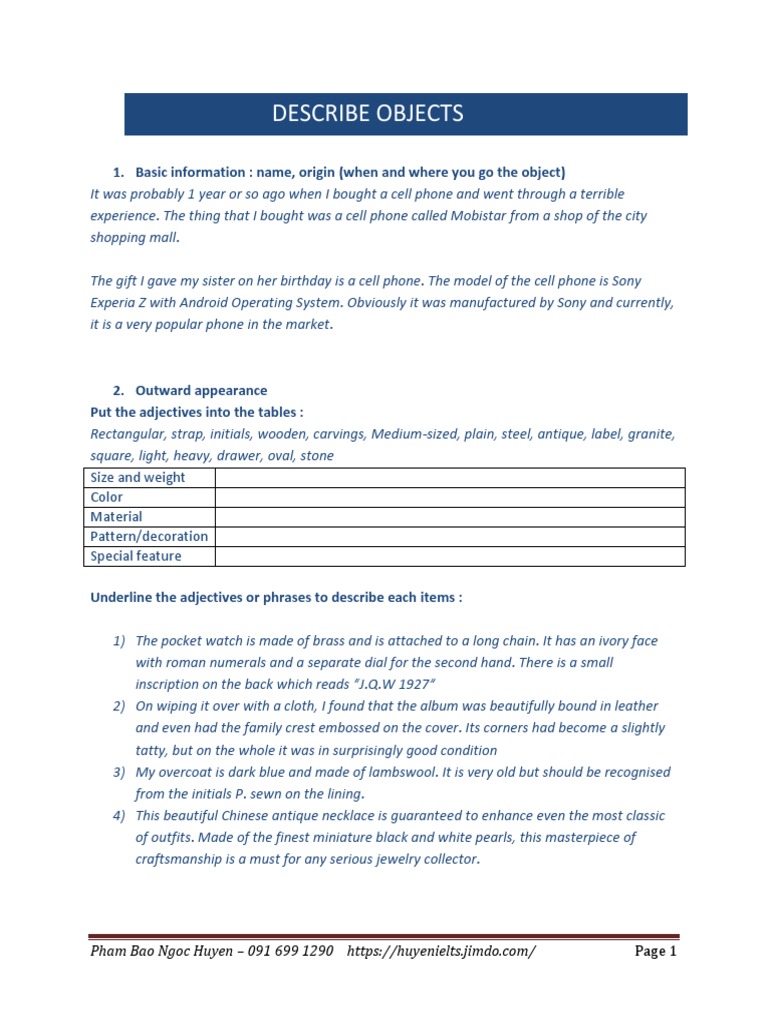 Describe Objects: 1. Basic Information: Name, Origin (When and Where ...