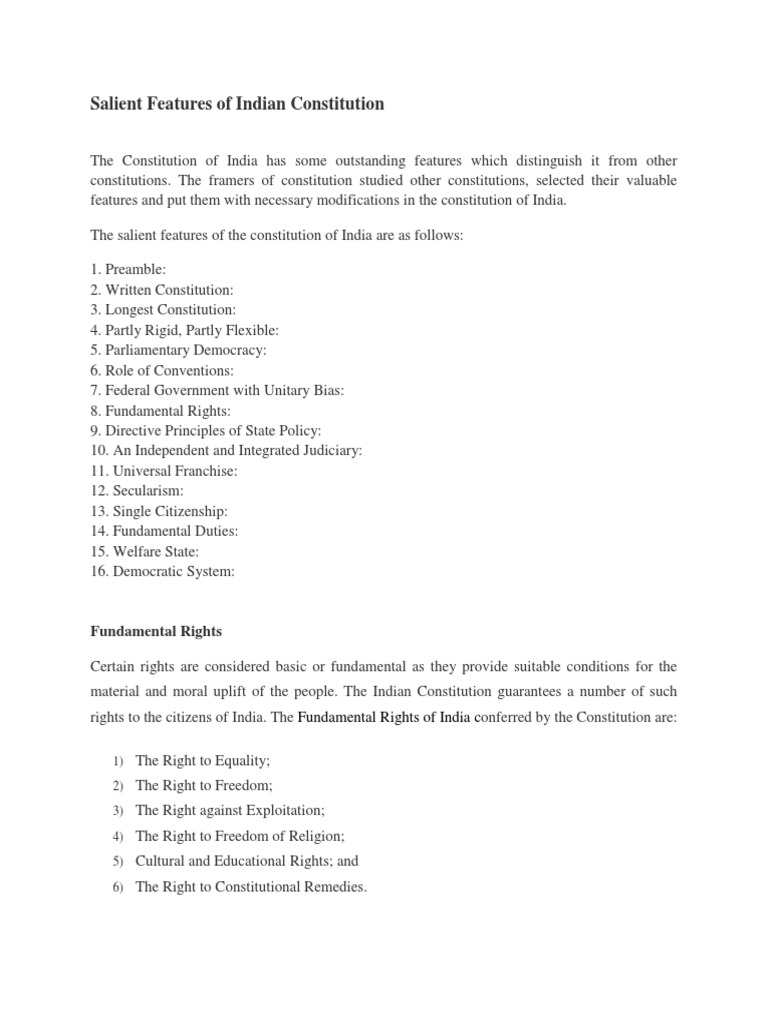 Salient Features of Indian Constitution | PDF | Political Charters ...