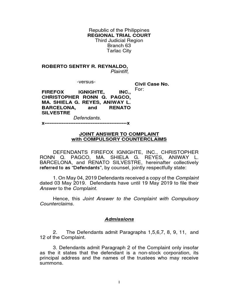 Answer Pleading | Download Free PDF | Lawsuit | Complaint