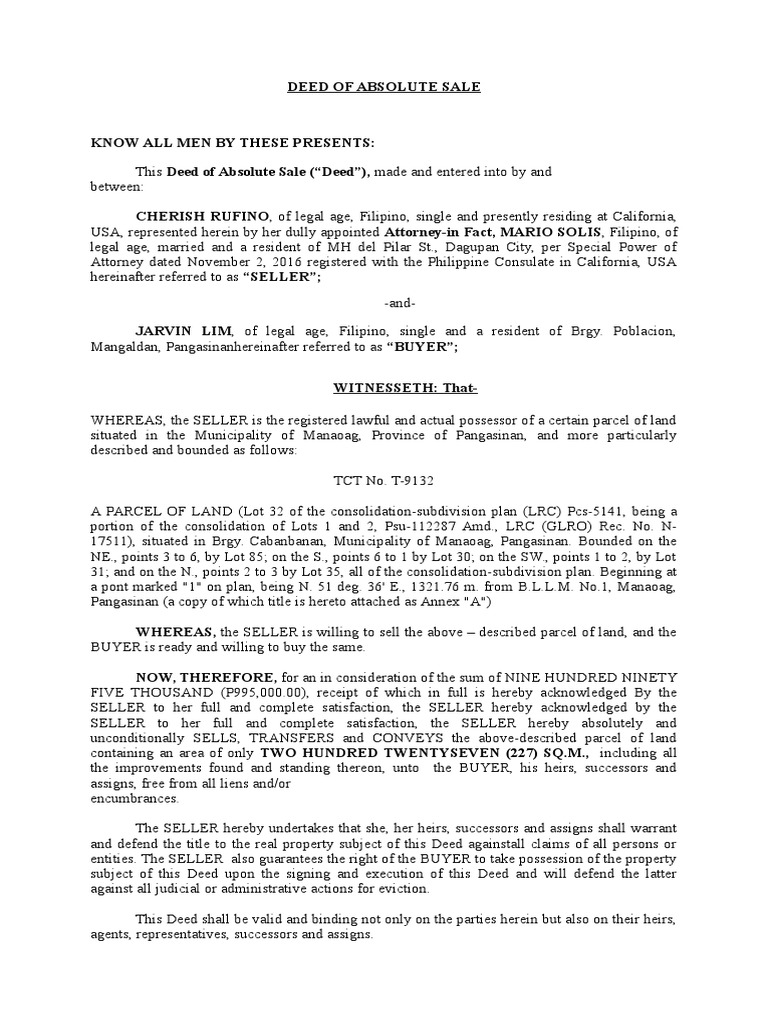 Deed of Absolute Sale with SPA Sample | PDF | Civil Law (Common Law ...
