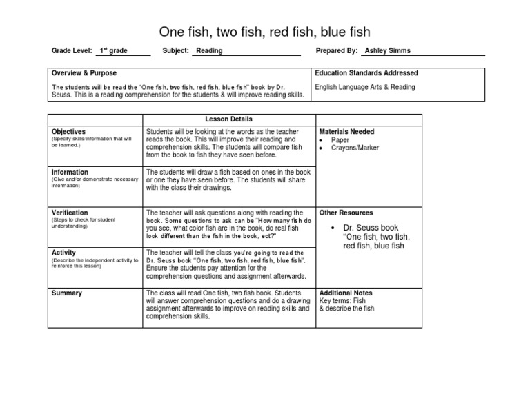Lesson Plan For One Fish Two Fish | PDF | Reading Comprehension | Teaching