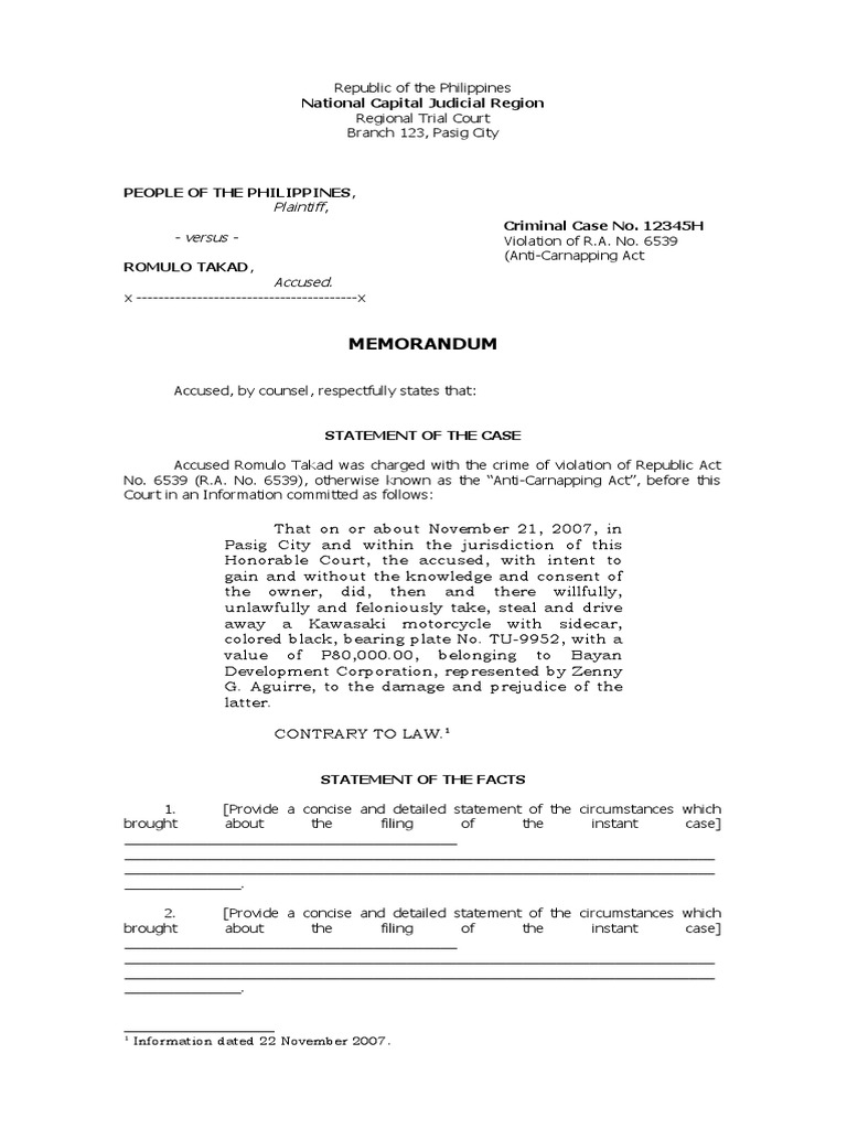 Anti-Carnapping Case Memorandum | PDF | Affidavit | Prosecutor