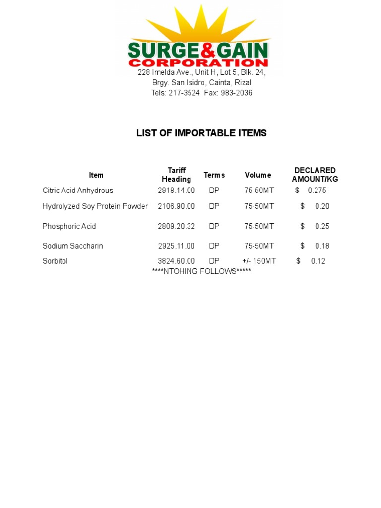 List of Importable Items SG | PDF | Food Ingredients | Nutrition