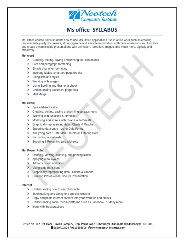 Ms Office Training Course Syllabus | PDF