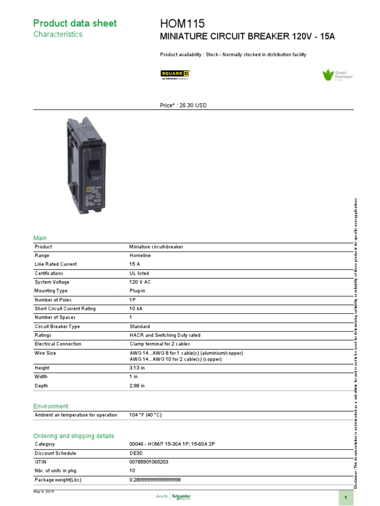 Square D™ Homeline™ Miniature Circuit Breakers - HOM115 | PDF ...