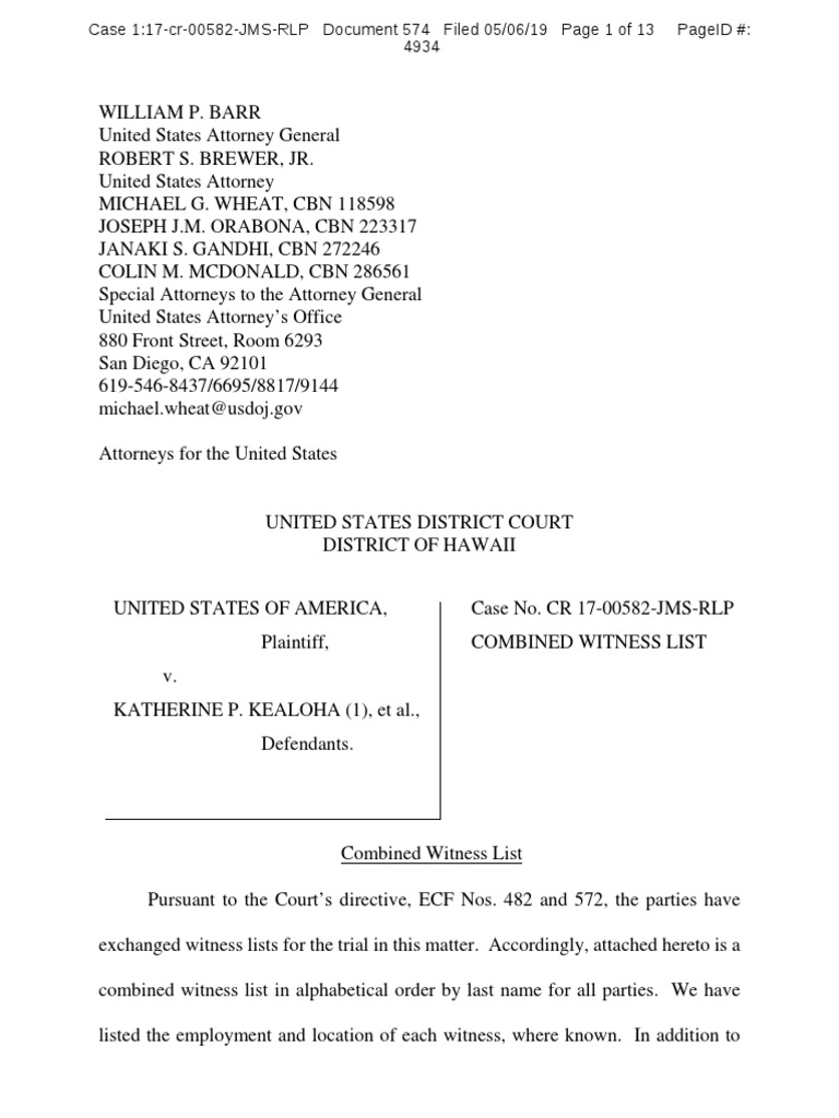 Combined Witness List For Kealoha Trial | PDF | Hawaii | Honolulu
