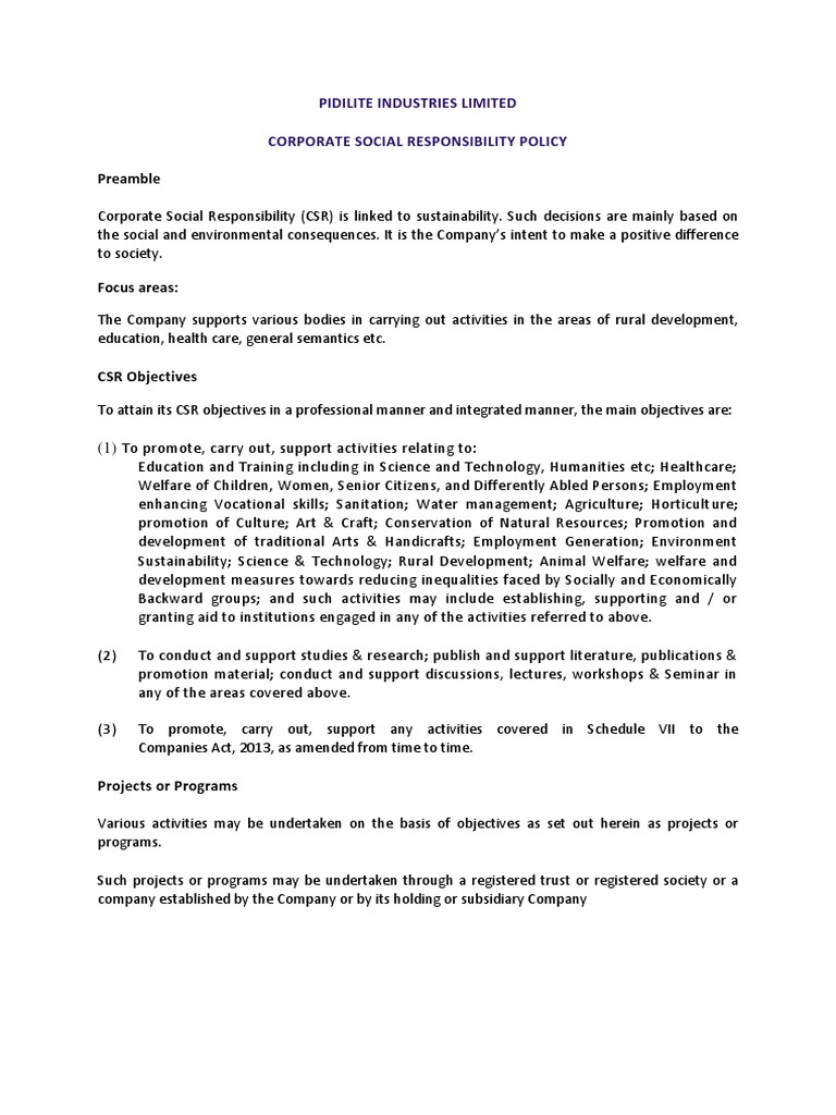 CSR of Pidilite PDF | PDF | Corporate Social Responsibility ...