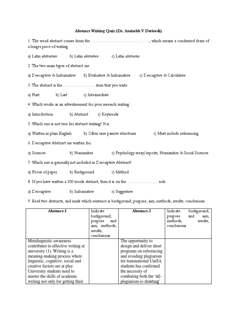 Abstract Writing Quiz (Dr. Amitabh V Dwivedi) | PDF | Abstract (Summary ...