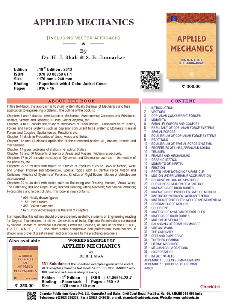 Applied Mechanics: by Dr. H. J. Shah & S. B. Junnarkar | PDF | Rotation Around A Fixed Axis | Force