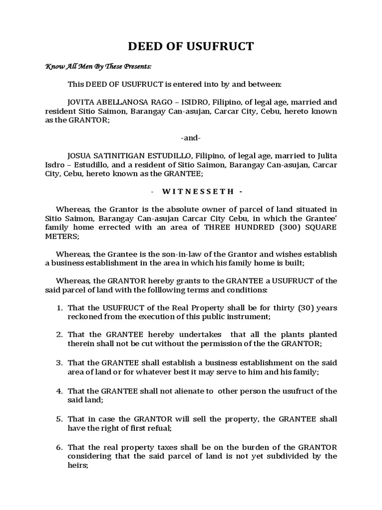 Deed of Usufruct | PDF | Deed | Real Property