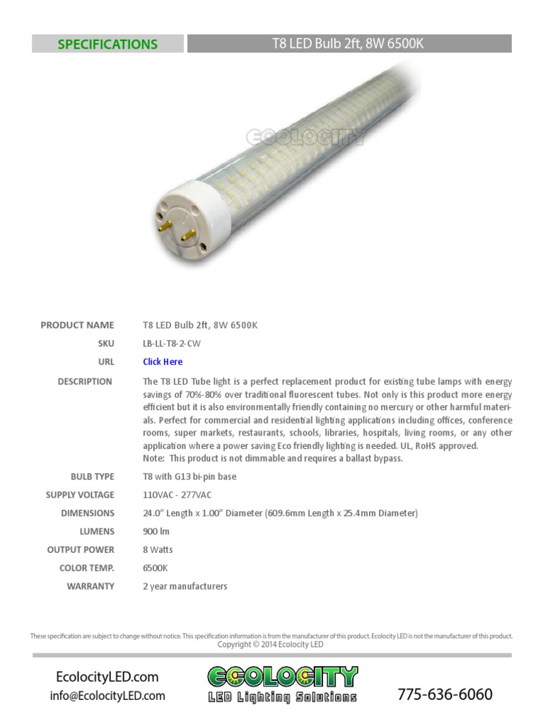 Specifications: T8 LED Bulb 2ft, 8W 6500K | PDF | Home & Garden