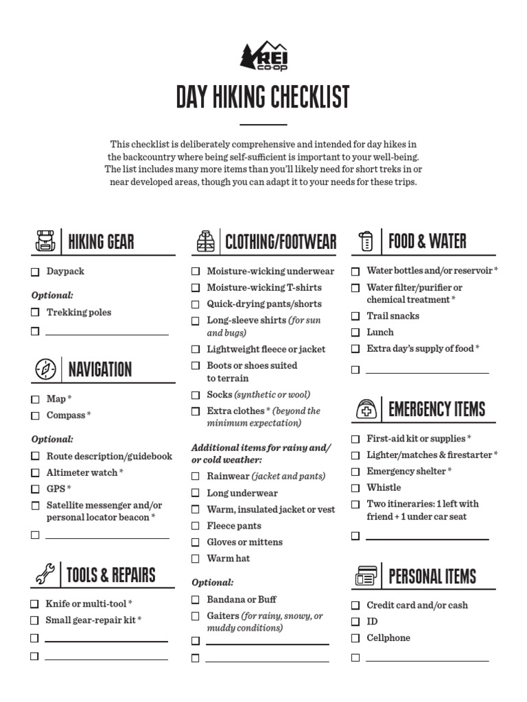 Day Hiking Printable Checklist | PDF | Hiking | Backpacking (Wilderness)
