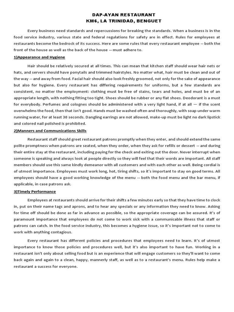 Dap Ayan III House Rules and Regulations For Editing... | PDF | Waiting Staff | Foods