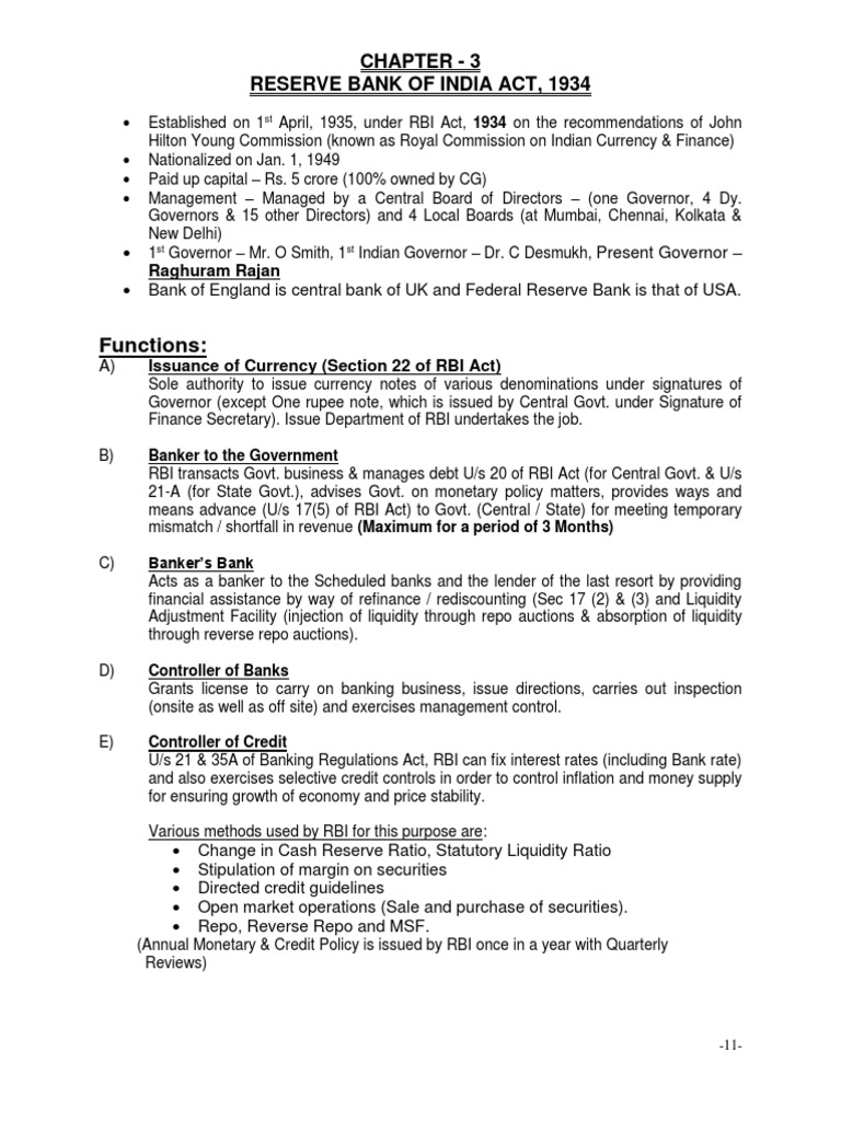Chapter - 3 Reserve Bank of India Act, 1934: Raghuram Rajan | PDF ...