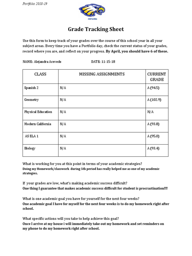 Grade Tracking Sheet: Class Missing Assignments Current Grade | PDF