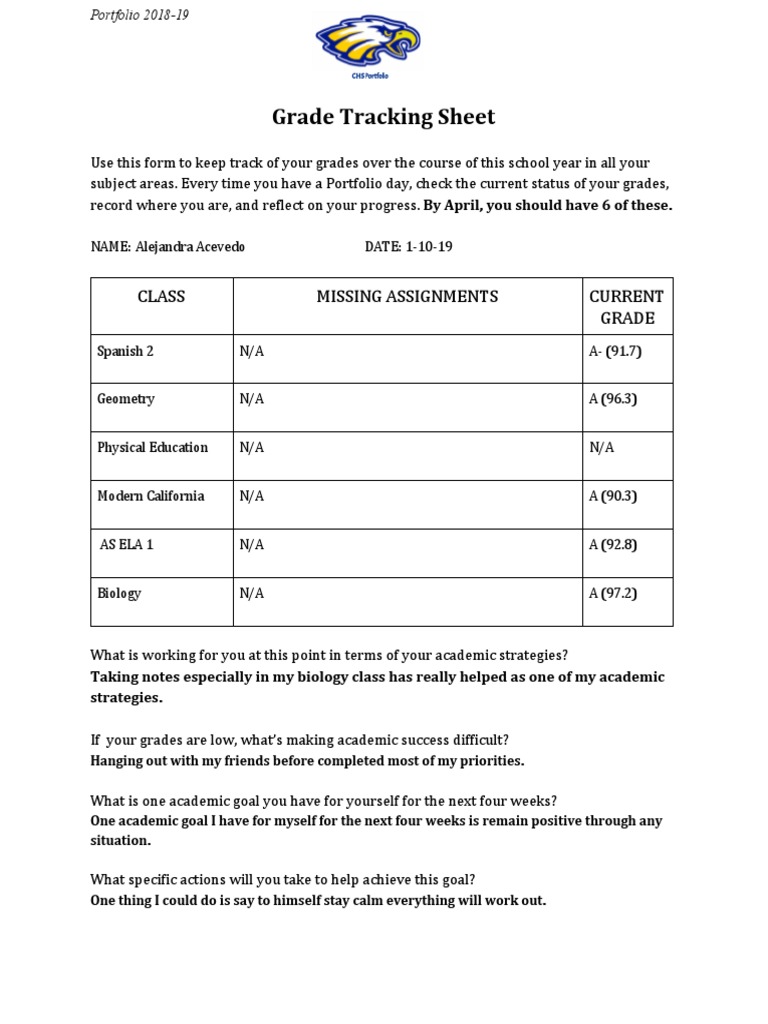 2018-19 Grade Tracking Portfolio | PDF