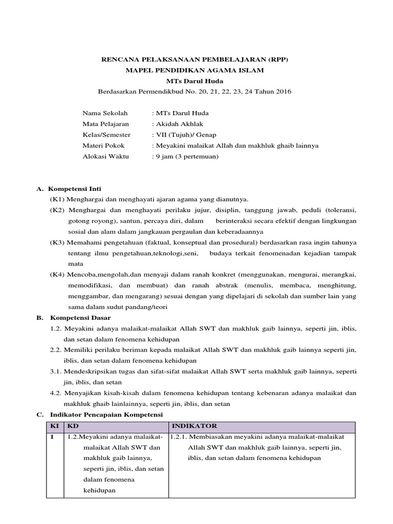 Rencana Pelaksanaan Pembelajaran (RPP) Mapel Pendidikan Agama Islam Mts ...