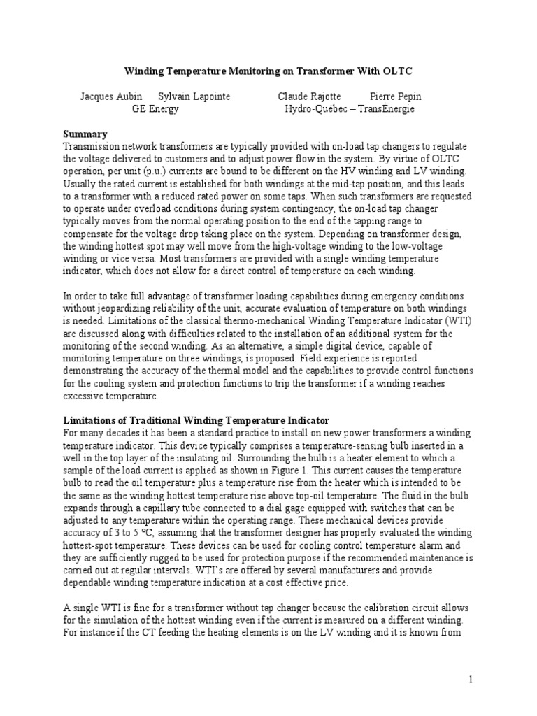 Winding Temperature Monitoring On Transformer With OLTC | PDF | Transformer | Relay