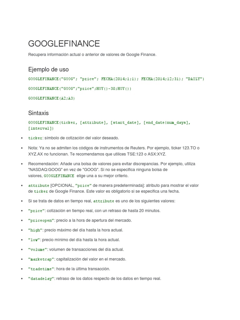 Googlefinance Functions | PDF | Hoja de cálculo | Precios