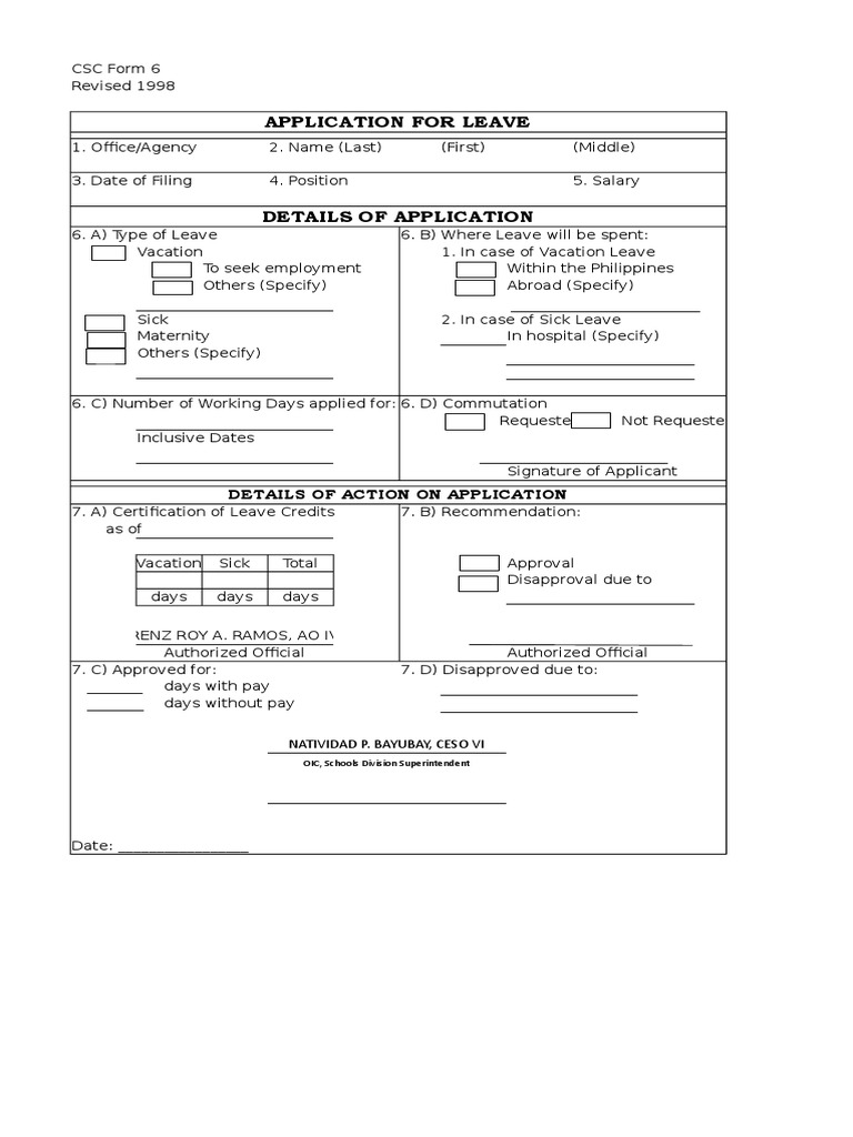 CSC Form 6 (Leave Form-New) | PDF