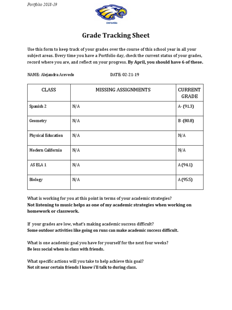 2018-19 Grade Tracking Portfolio | PDF