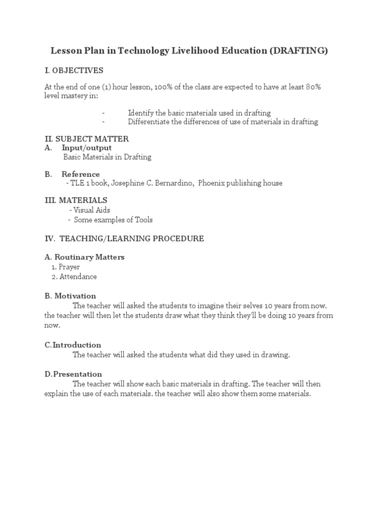 Technology Livelihood Education: Drafting Lesson Plan | PDF | Art