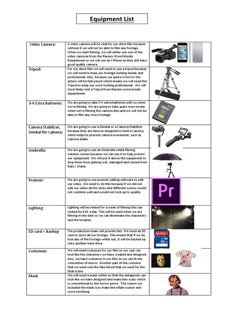 Equipment List | PDF | Tripod (Photography) | Camera