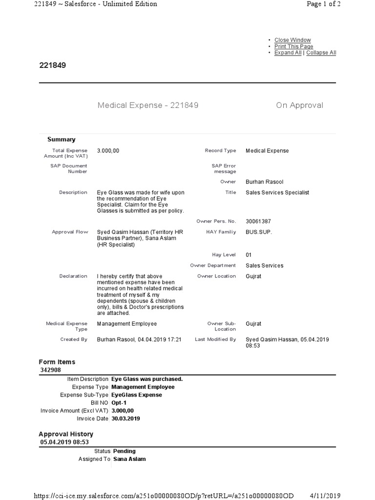 Optical Expense. Approval | PDF | Invoice | Health Care