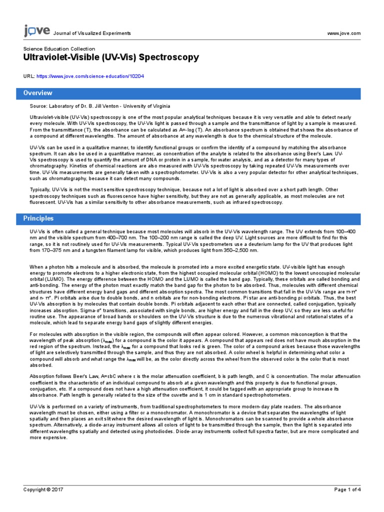 Jove Protocol 10204 Ultraviolet Visible Uv Vis Spectros | PDF ...