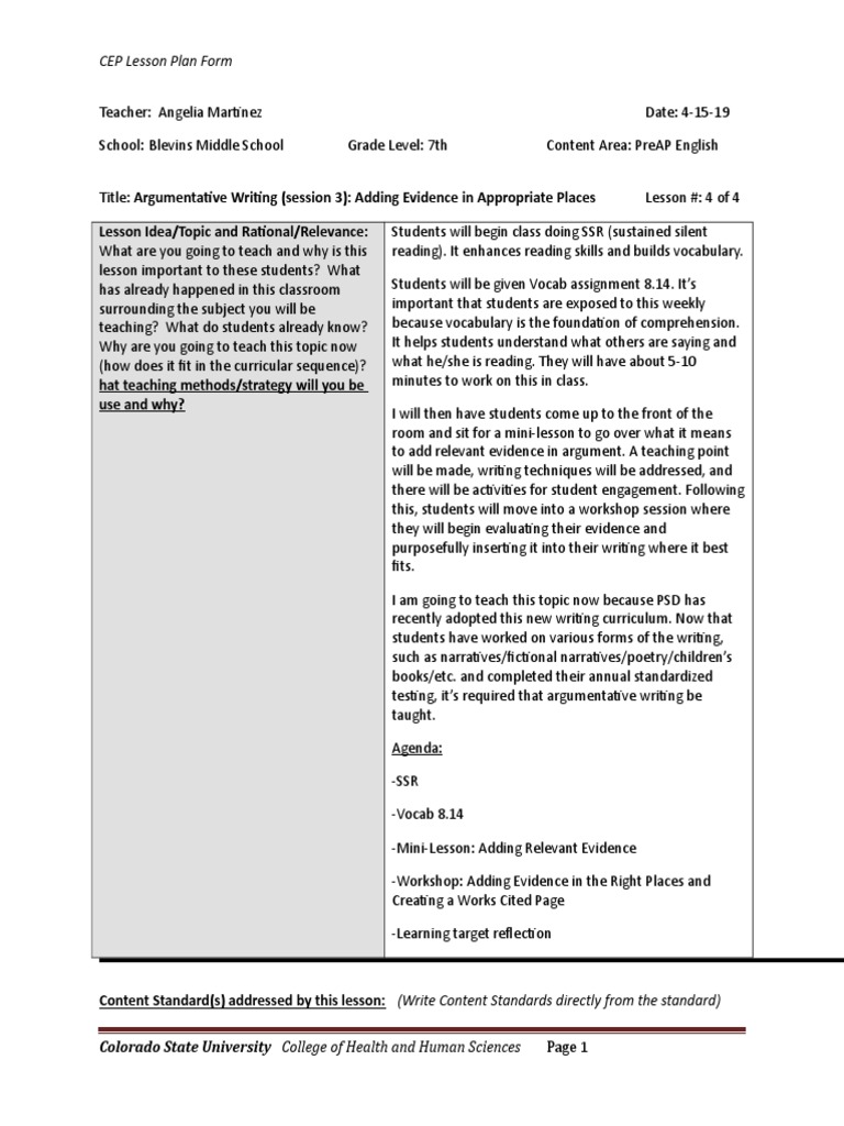 Cep Lesson Plan 4 Bms | PDF | Teachers | Lesson Plan