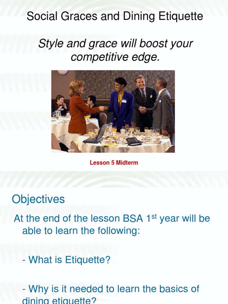 Etiquette and Social Graces Lesson 5 Midterm | PDF | Etiquette | Food ...