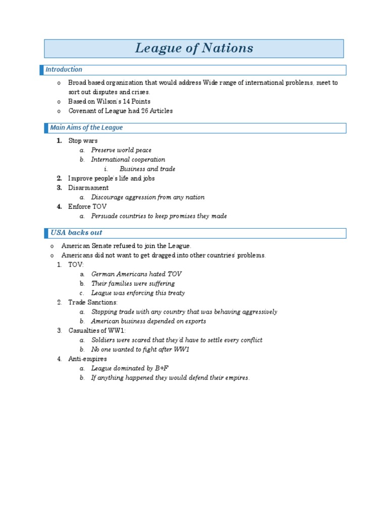 League of Nations - Notes | PDF | League Of Nations | International ...