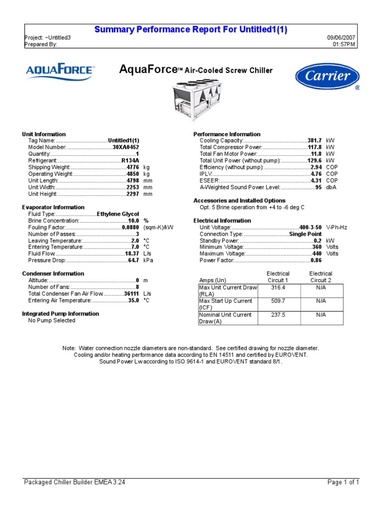 Selection Sheet - 30XA452 Screw Chiller | PDF | Physical Quantities ...